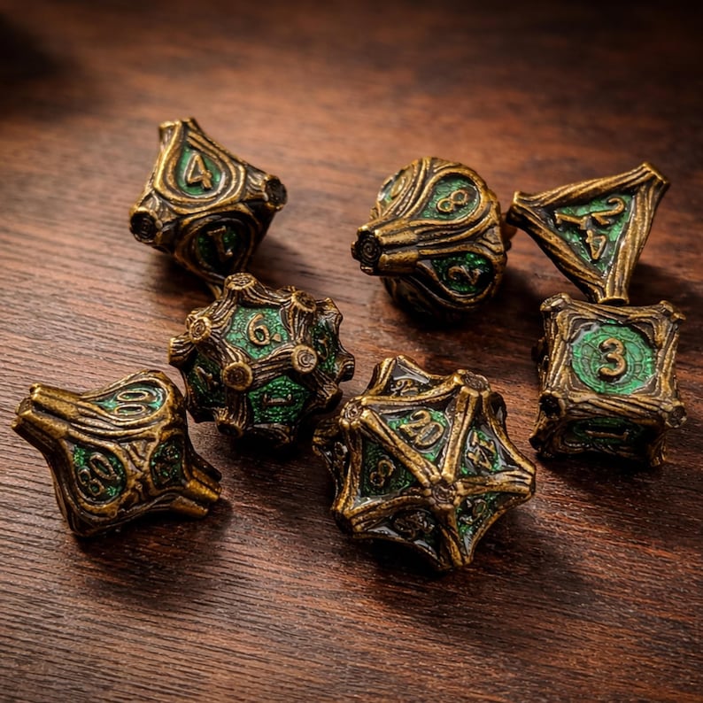 Green & Bronze Metal DND Dice Set | Optional Custom Engraved Wooden ...