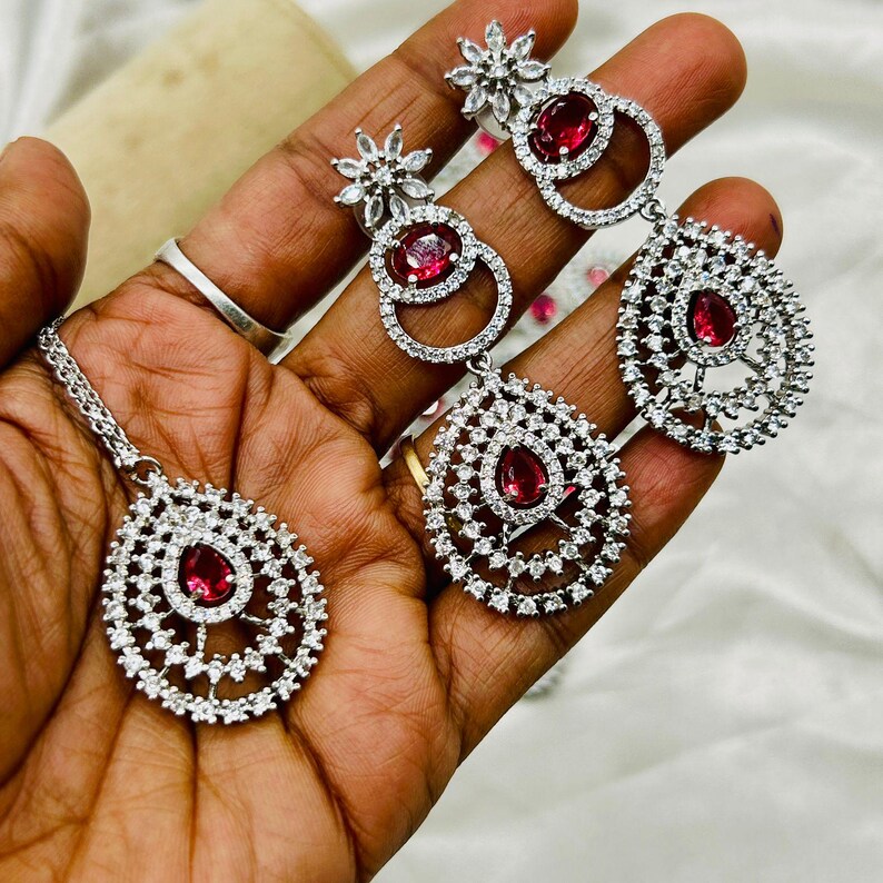 Ruby CZ Bridal Necklace Set, Diamond Statement Jewelry Set, Indian ...