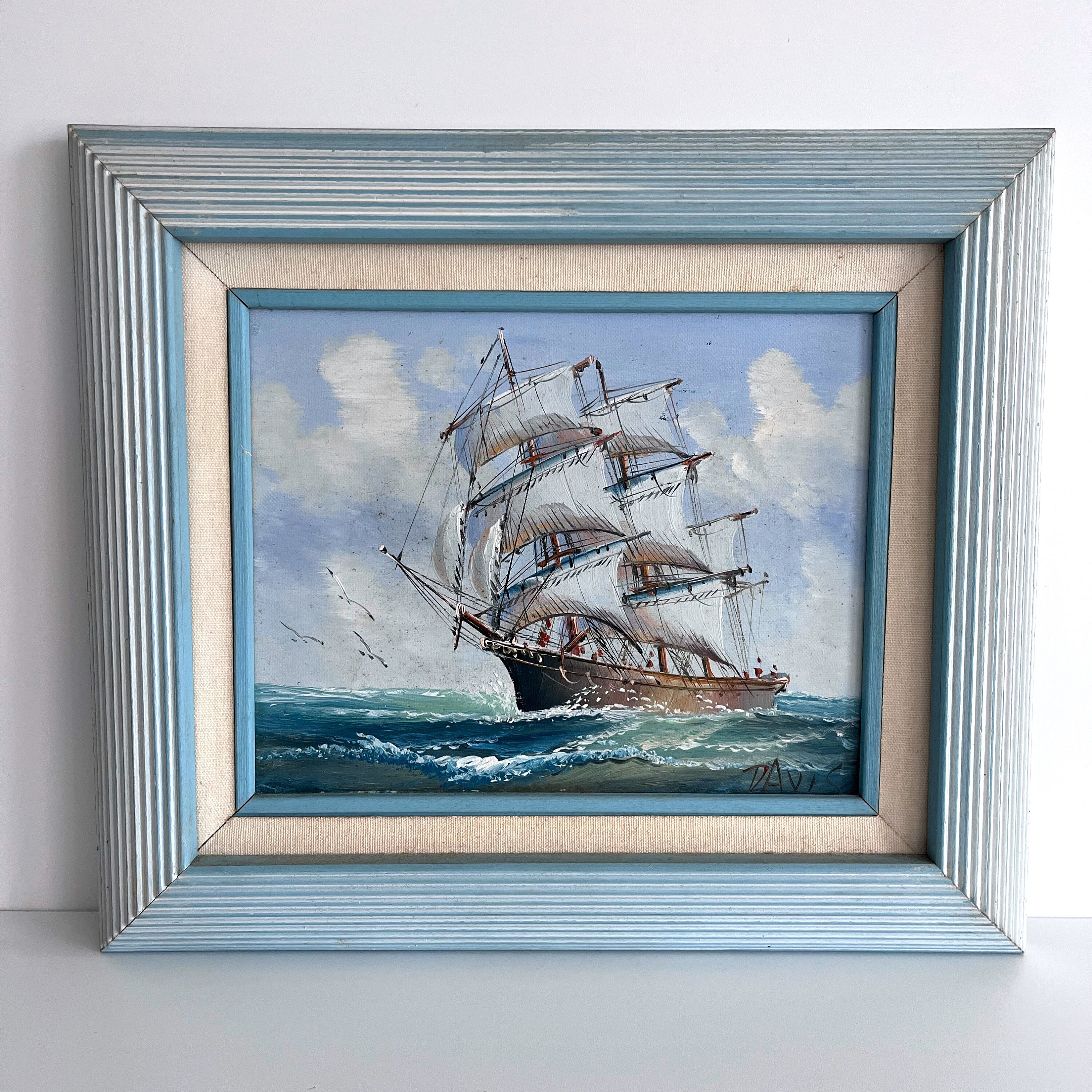 Vintage Sailboat Barque Clipper Ship Seascape Painting Nautical Decor ...