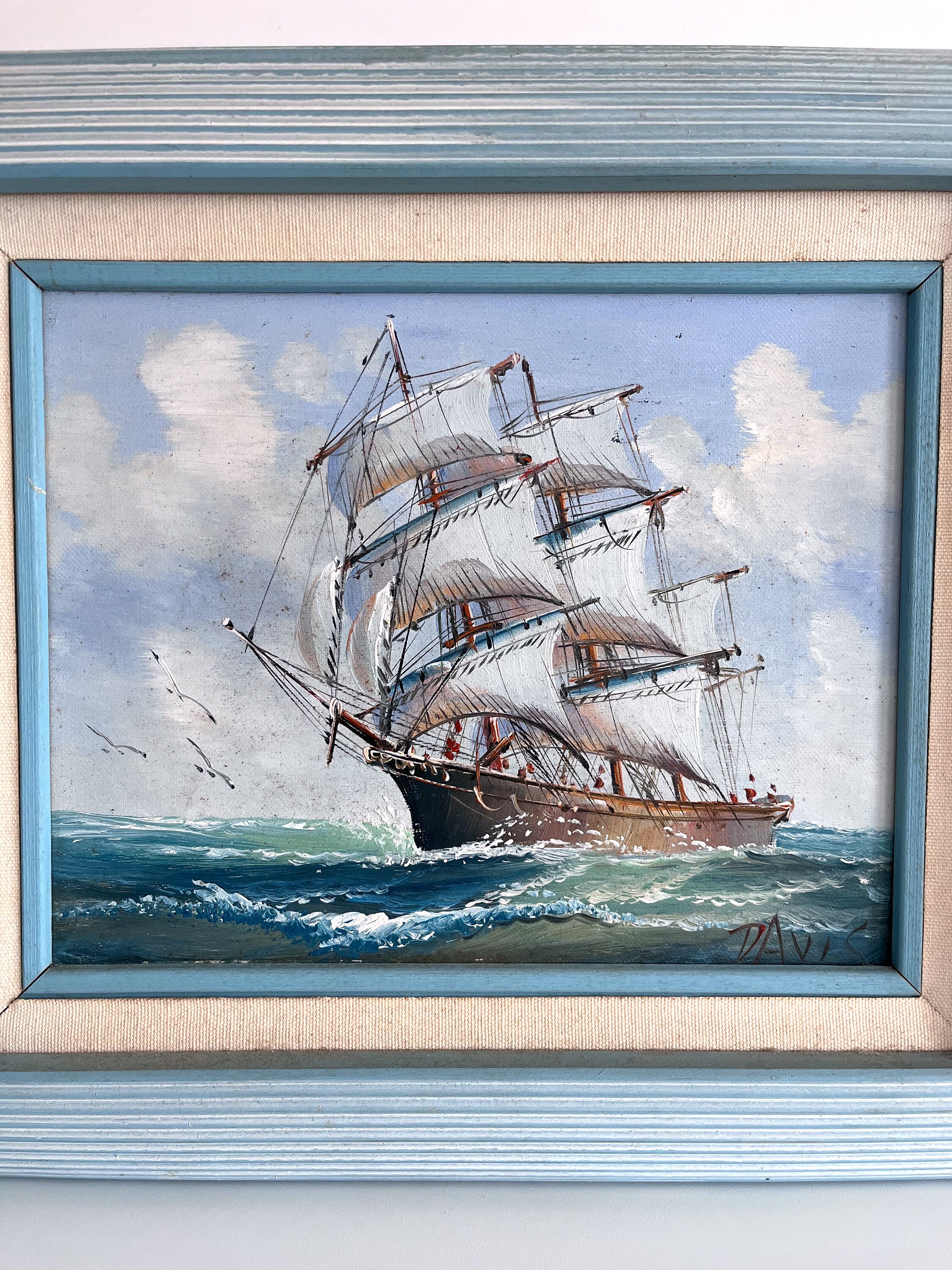 Vintage Sailboat Barque Clipper Ship Seascape Painting Nautical Decor ...
