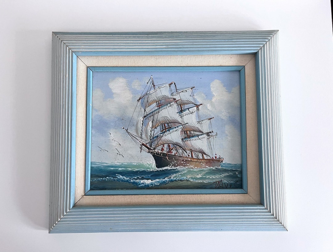 Vintage Sailboat Barque Clipper Ship Seascape Painting Nautical Decor ...