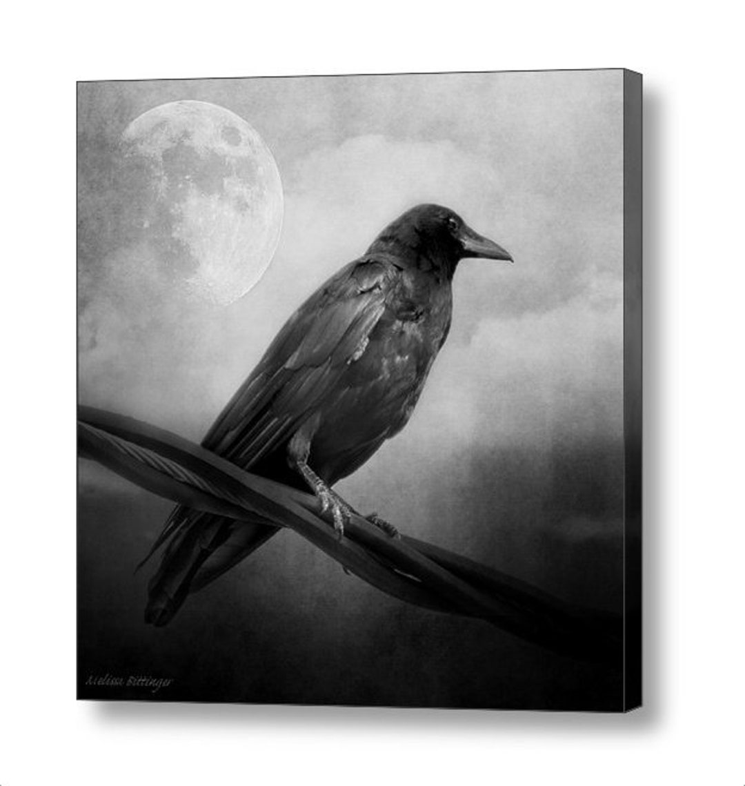 Gothic Black and White Crow Wall Art, Crow Moon Art Print, Gothic Crow ...
