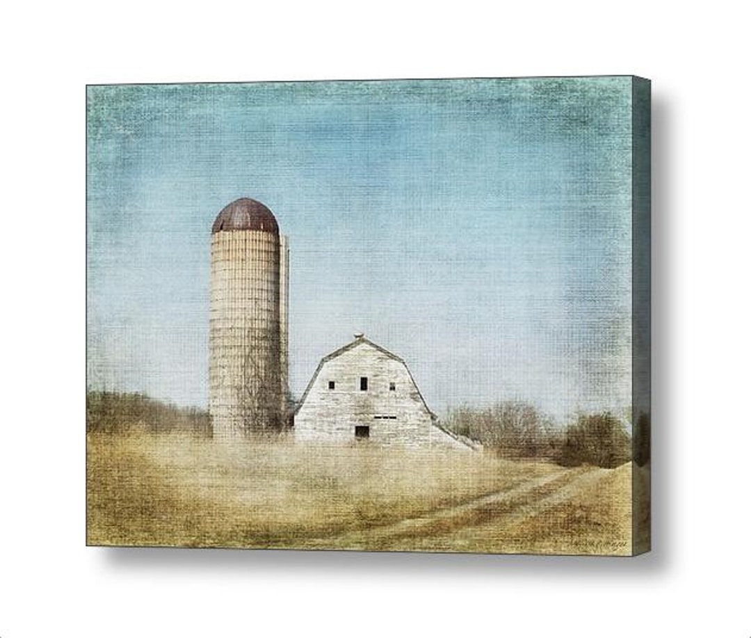 Rustic Dairy Barn and Silo Country Charm Vintage Faded Antiqued Effects ...