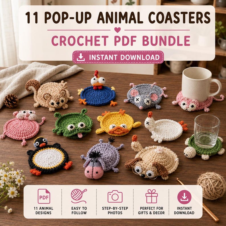 11 in 1 Animal Crochet Coaster Pattern Bundle PDF, Pop up Cup Holder ...