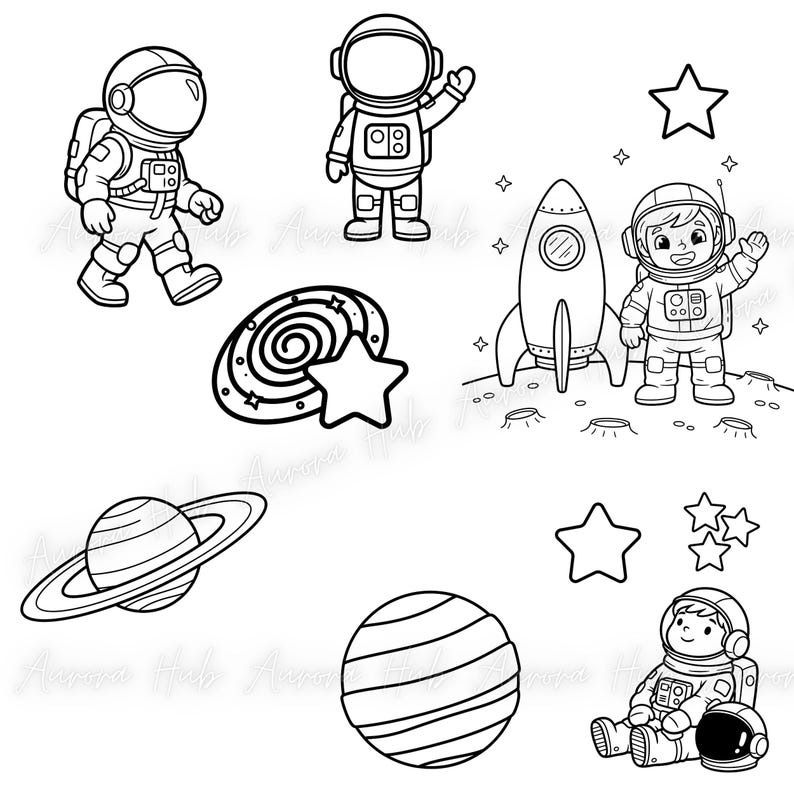 Space Line Art Bundle, Astronaut Planet Star Coloring Pages (digital ...