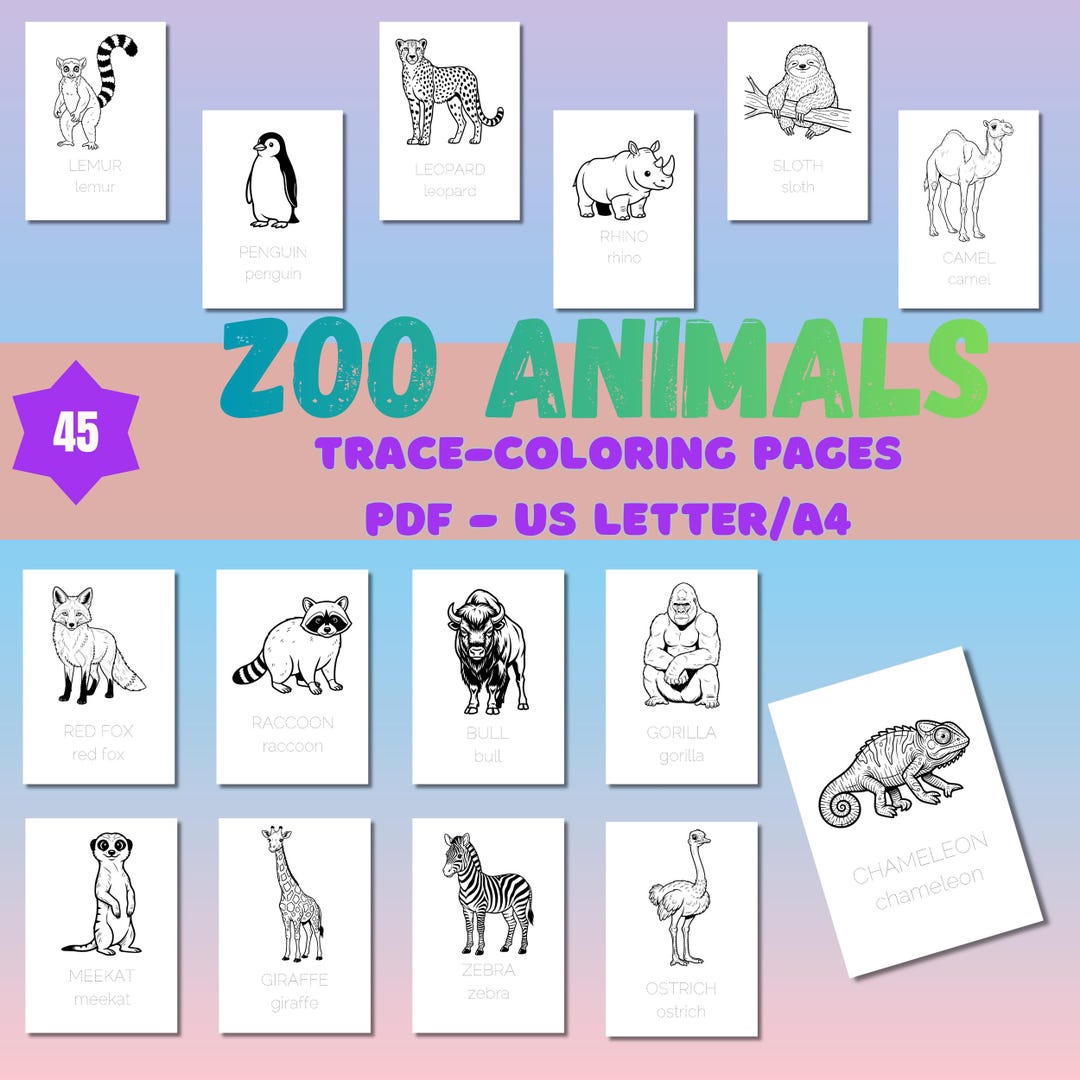 Zoo Animals Trace Coloring Pages, Preschool Animal Worksheet (PDF ...