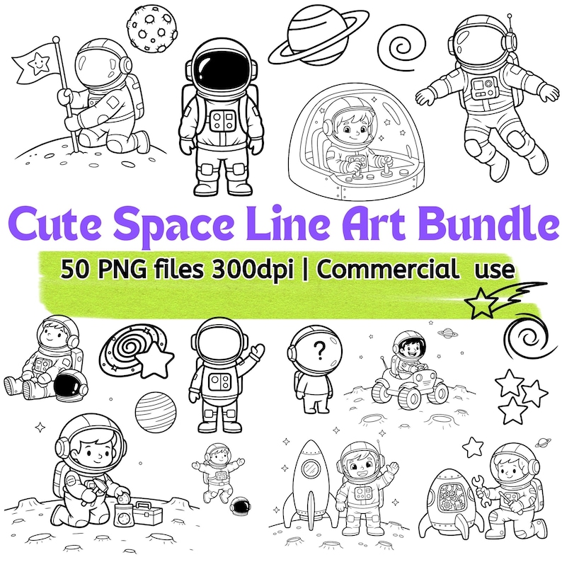 Space Line Art Bundle, Astronaut Planet Star Coloring Pages (digital ...