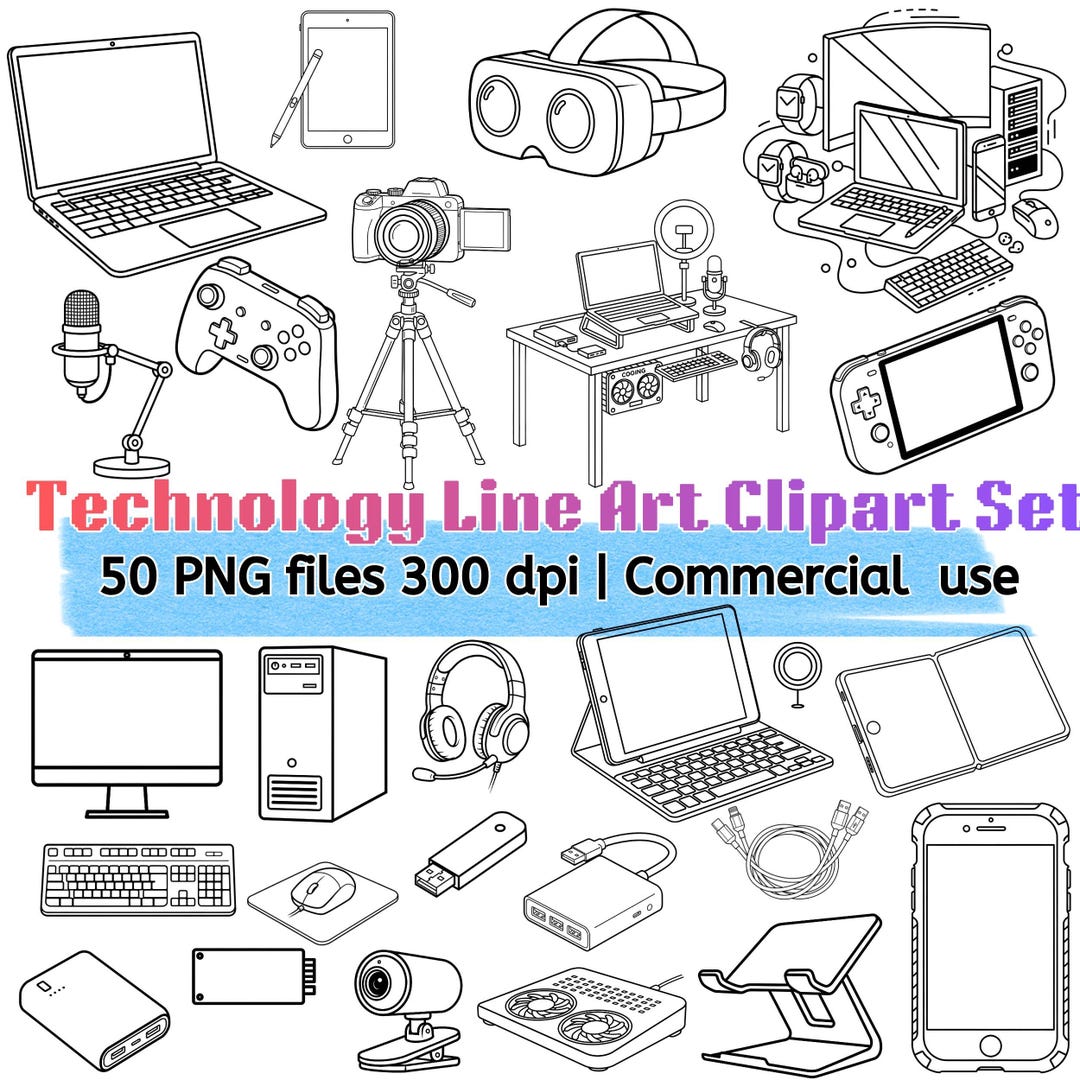 Technology Line Art Clipart Bundle, Gadget Outline Icons (digital ...