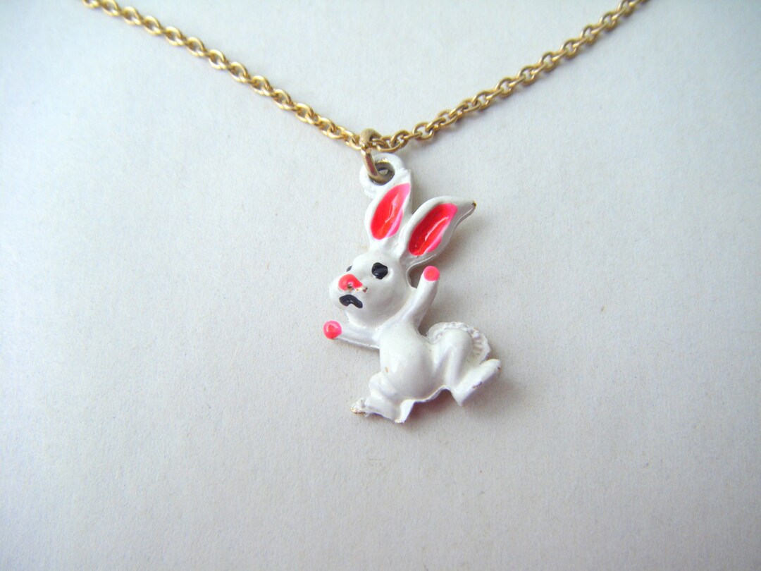 Vintage Enamel Bunny Rabbit Gold Tone Chain Necklace Easter Bunny White ...