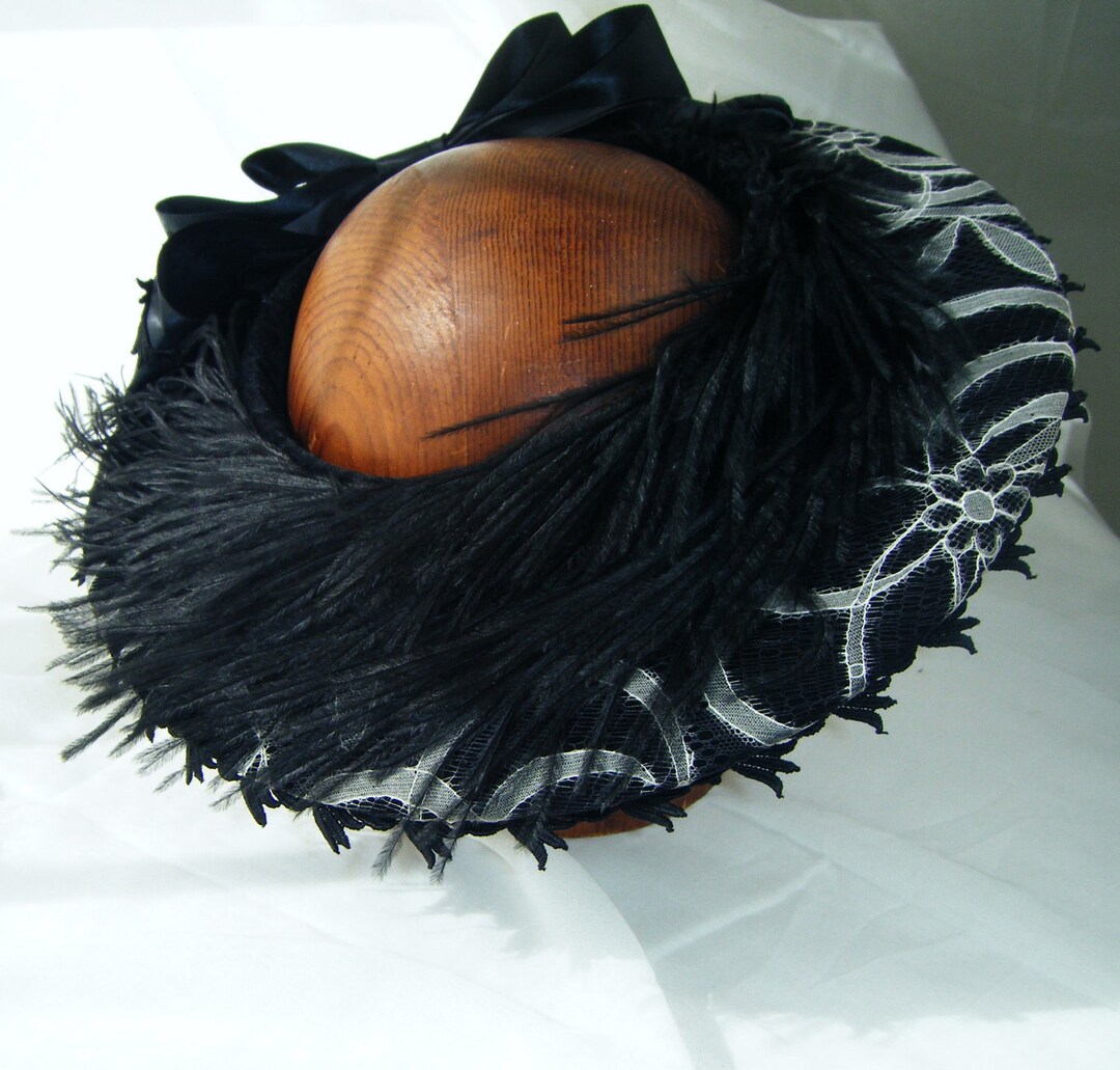 Black Lace Crownless Hat With Ostrich Feather, Downton Abbey Style - Etsy