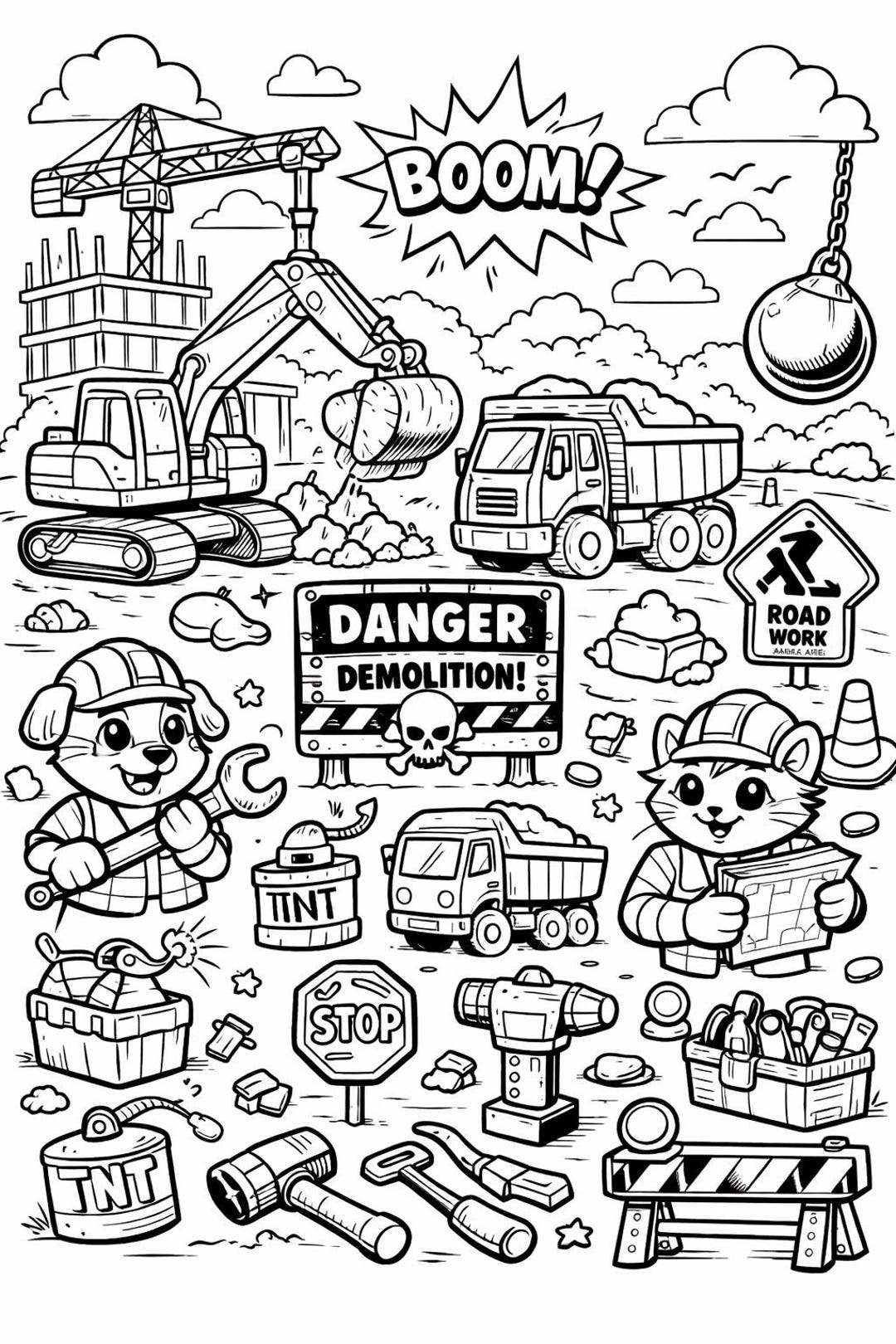 Construction Coloring Page • Kids Printable • Builder Animals & Trucks ...