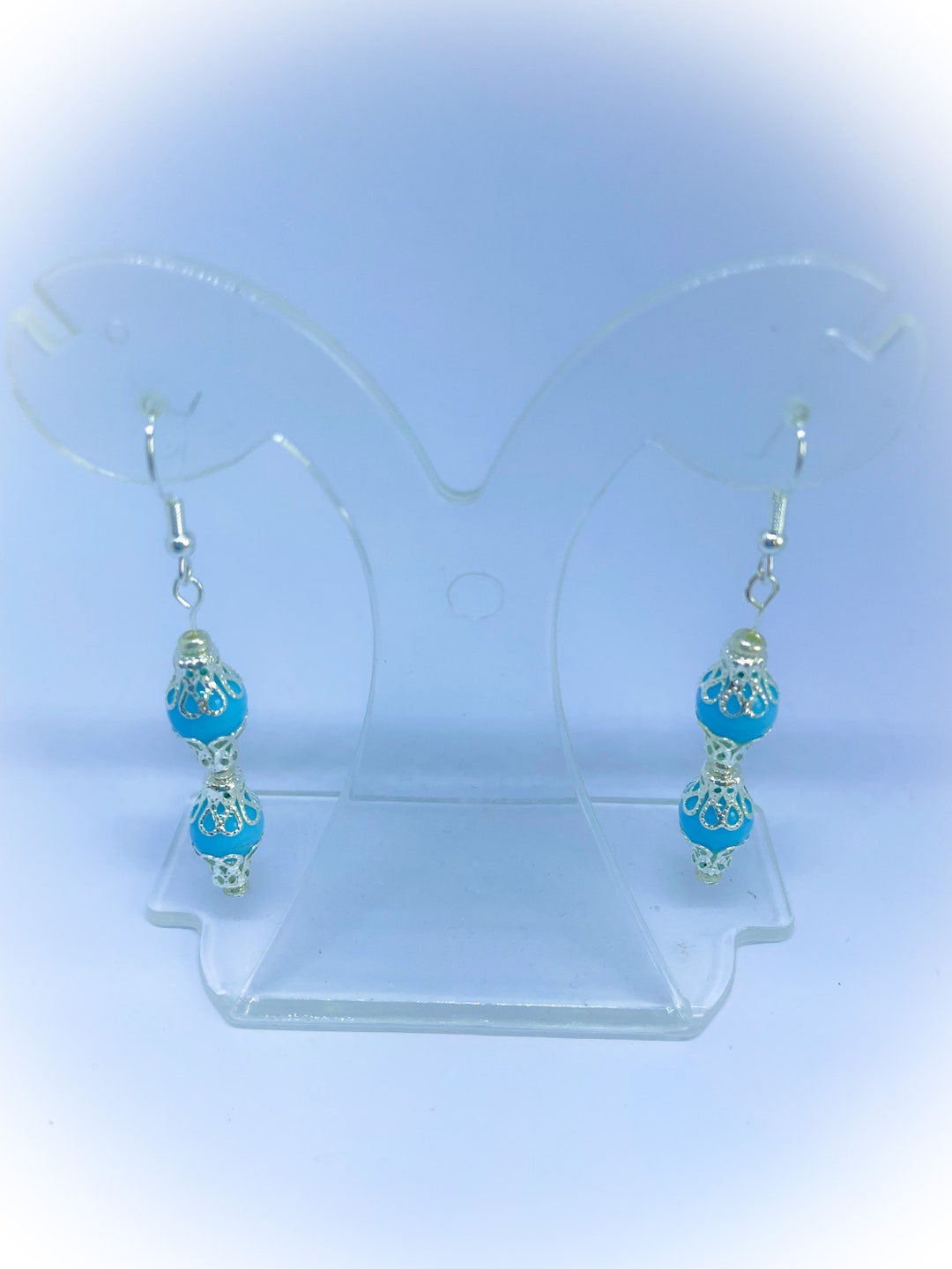 Double Light Blue Filigree Glass Dangle Dropper Earrings for Pierced ...