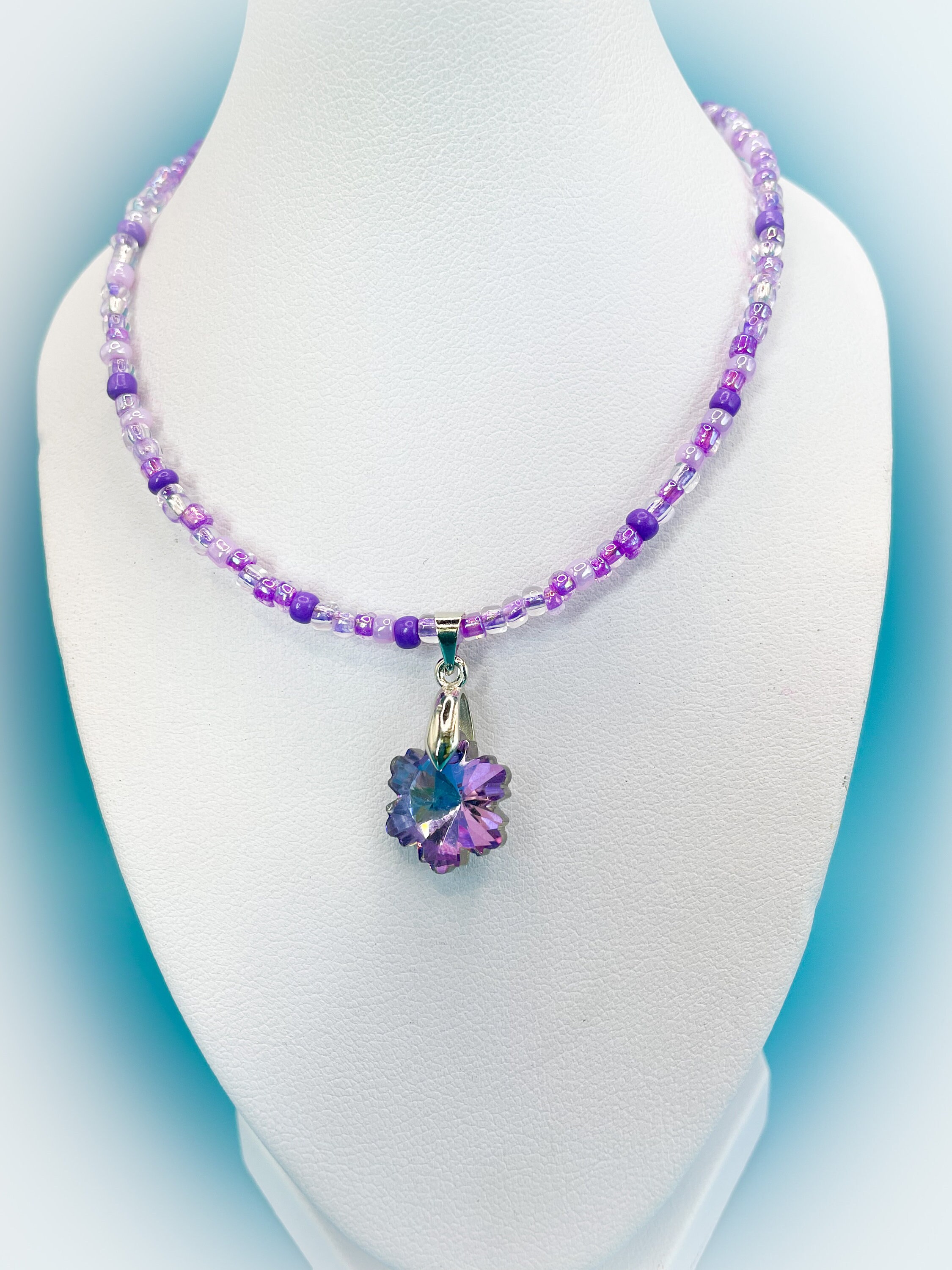 Lilac Purple Aurora Borealis Crystal Glass Flower Drop Pendant 16 in Necklace with purple flower crystal necklace pink and purple beads Etsy