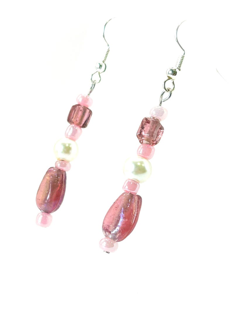 Pink Glass Bead and White Pearl Handmade Dangle Dropper Earrings With ...