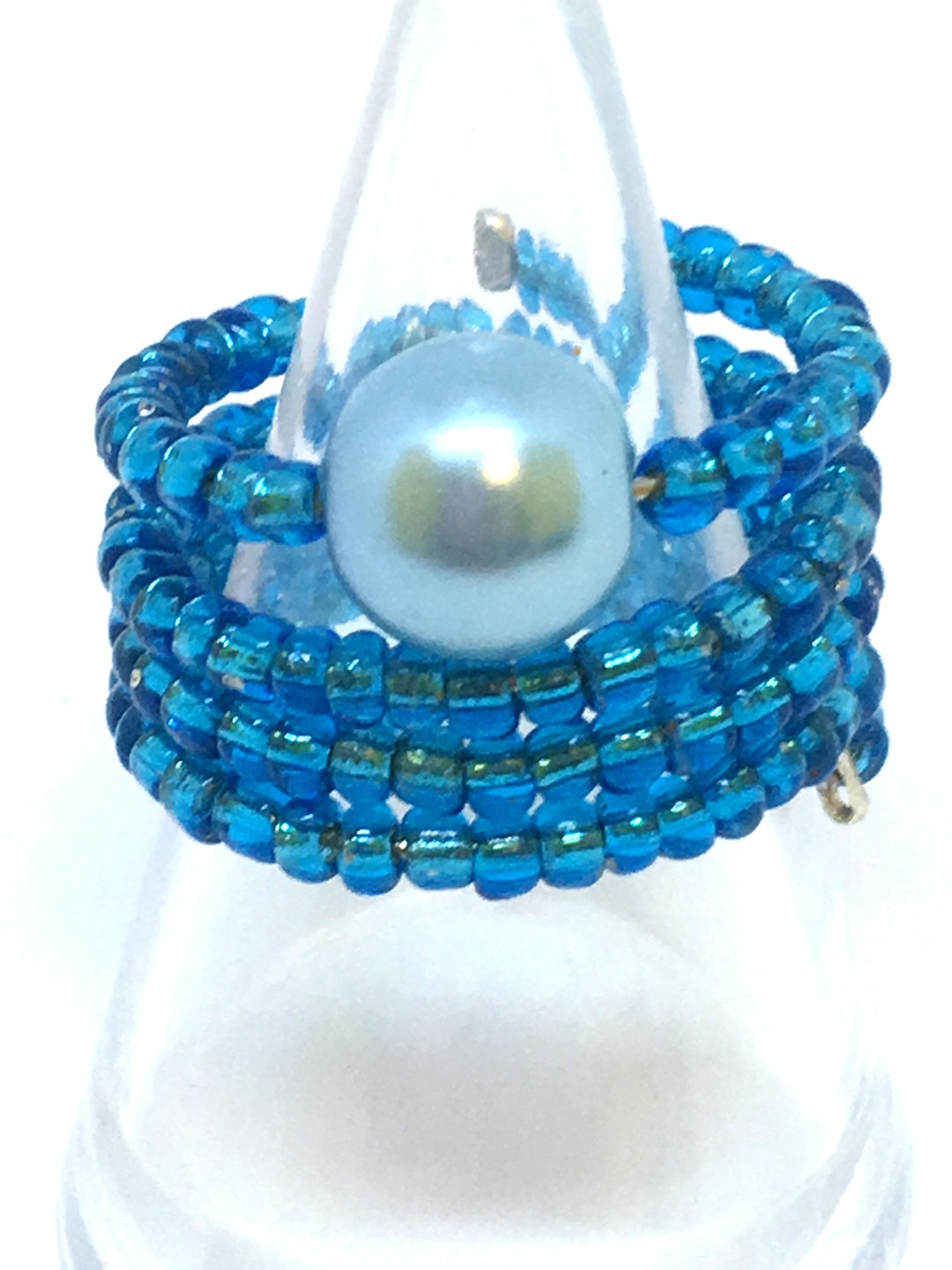 Turquoise Glass Ring Seed Bead and Pearl Memory Wire Expandable Ring by ...