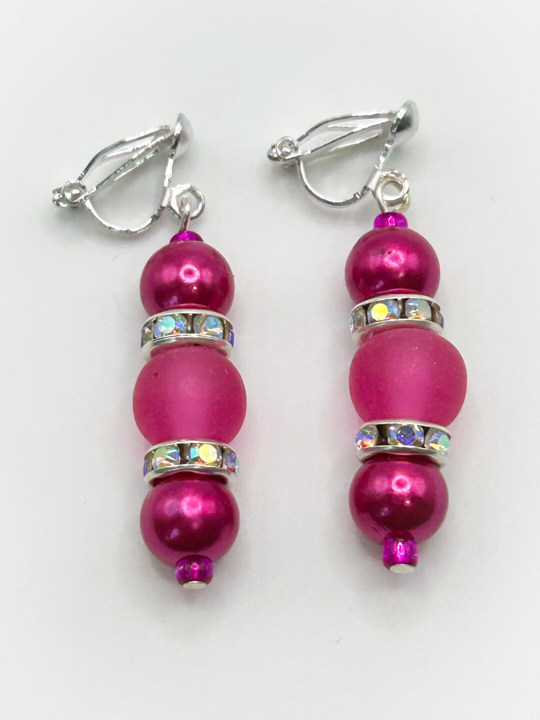 Dark Pink Pearl & Frosted Bead Triple Dangle Rondelle Dropper Clip on ...