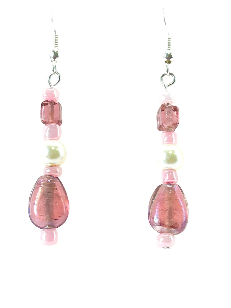 Pink Glass Bead and White Pearl Handmade Dangle Dropper Earrings With ...