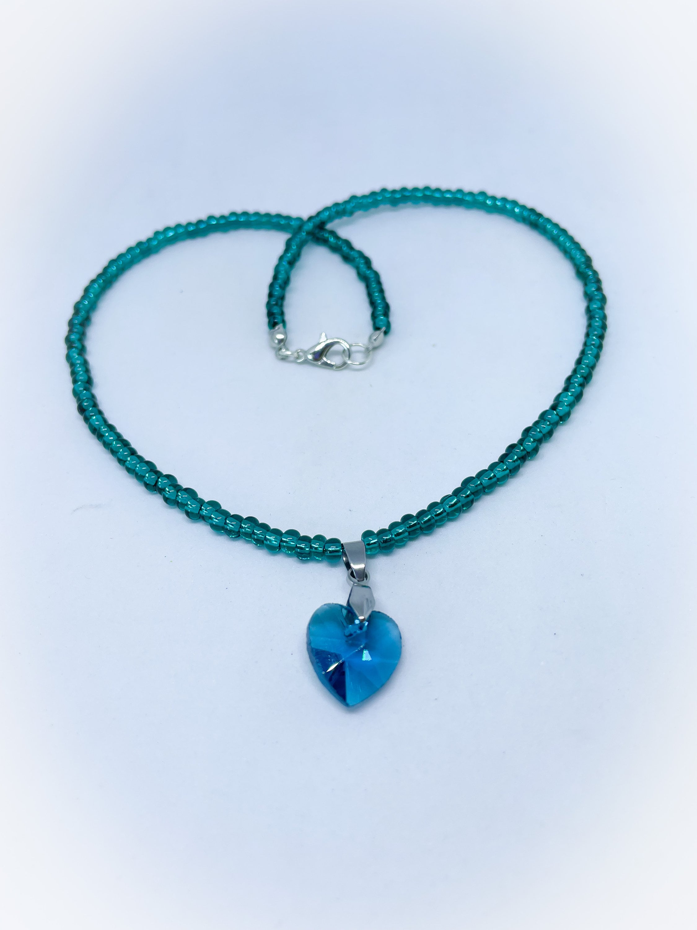 Teal Green Bead Glass Heart Handmade Necklace With Teal Glass Seed ...
