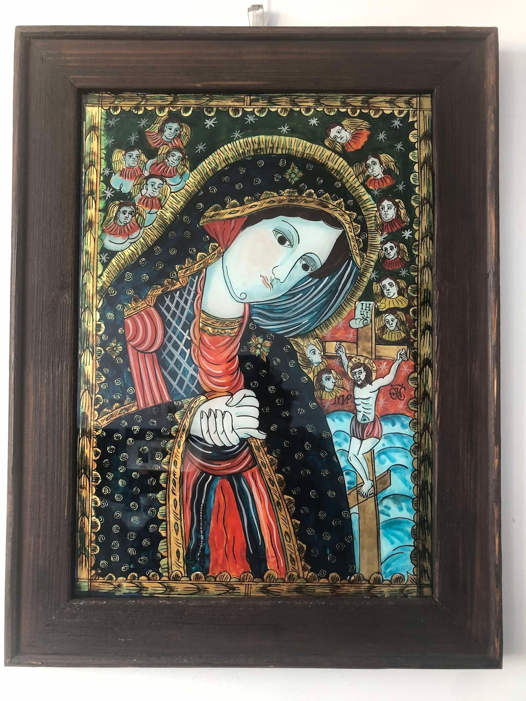 Sad Mother of God, Romanian Handmade Painted Icon in Reverse on the ...