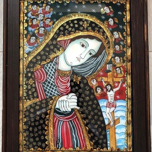 Sad Mother of God, Romanian Handmade Painted Icon in Reverse on the ...