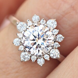Snowflake Star Sparkling Engagement Ring, Round Diamond Ring 14K Solid ...
