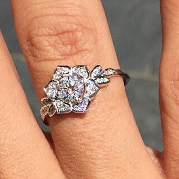 Diamond Flower Unique Engagement Ring Set, Wedding Rings Set, Bridal ...