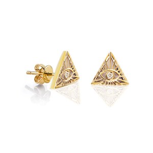 The All Seeing Eye Talisman Diamond Stud Earrings, 14K Solid Gold ...