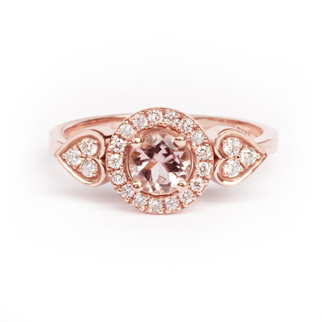 Morganite & Diamonds Halo, Hearts Shank Unique Cluster Engagement Ring ...