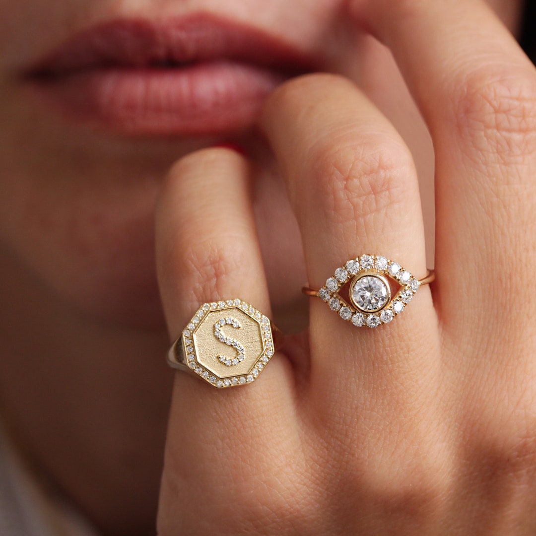 Personalized Diamond Initial Signet Ring 14K Solid Gold Octagon Signet ...
