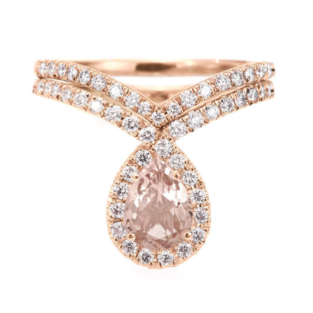 Morganite Engagement Wedding Ring Set, Unique Engagement Ring Pear ...