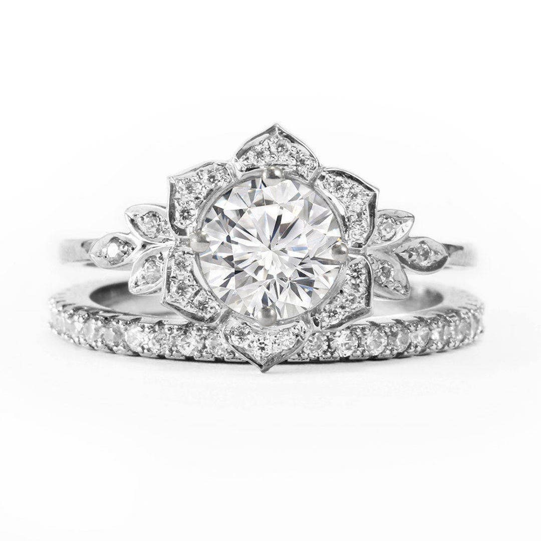 Diamond Flower Unique Engagement Ring Set, Wedding Rings Set, Bridal ...