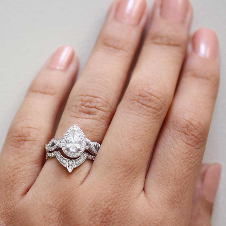 Pear Diamond Wedding Ring Set, Unique Pear Diamond Halo Engagement ...