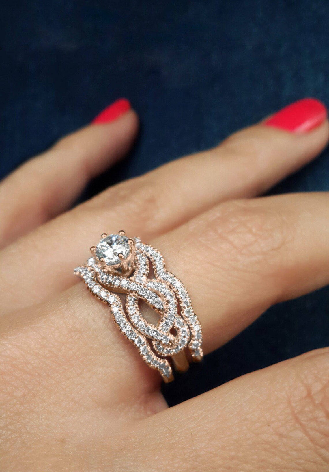 Infinity Diamond Unique Engagement Three Ring Set Wedding - Etsy