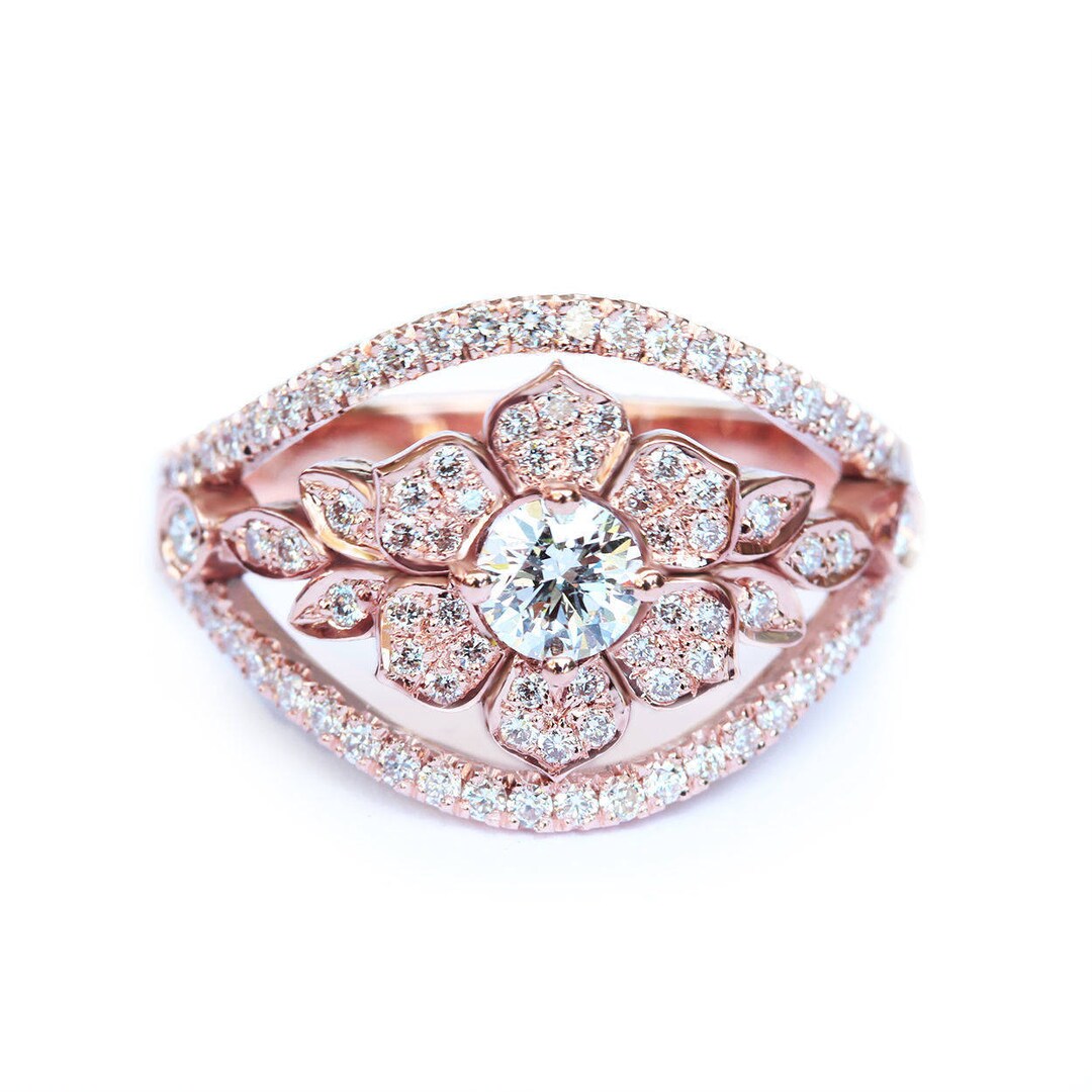 Flower Diamond Ring, Unique Diamond Engagement Ring, Lily Garden Flower ...