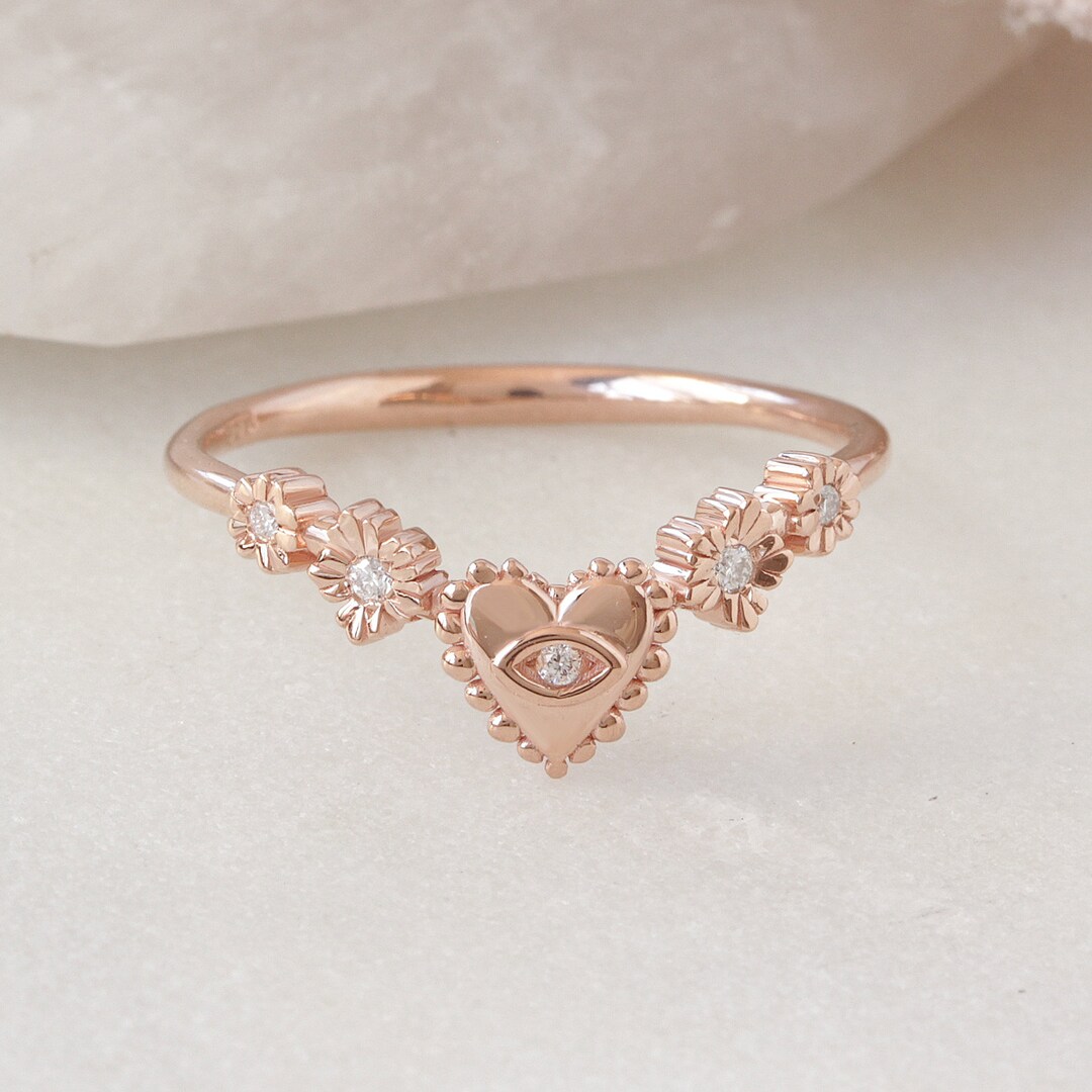 Heart Flowers Gold & Diamond Chevron V Unique Nesting Ring, Delicate ...