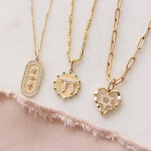 Gold Diamond Chai Coin Pendant Necklace, Natural Emeralds, 14K Solid ...