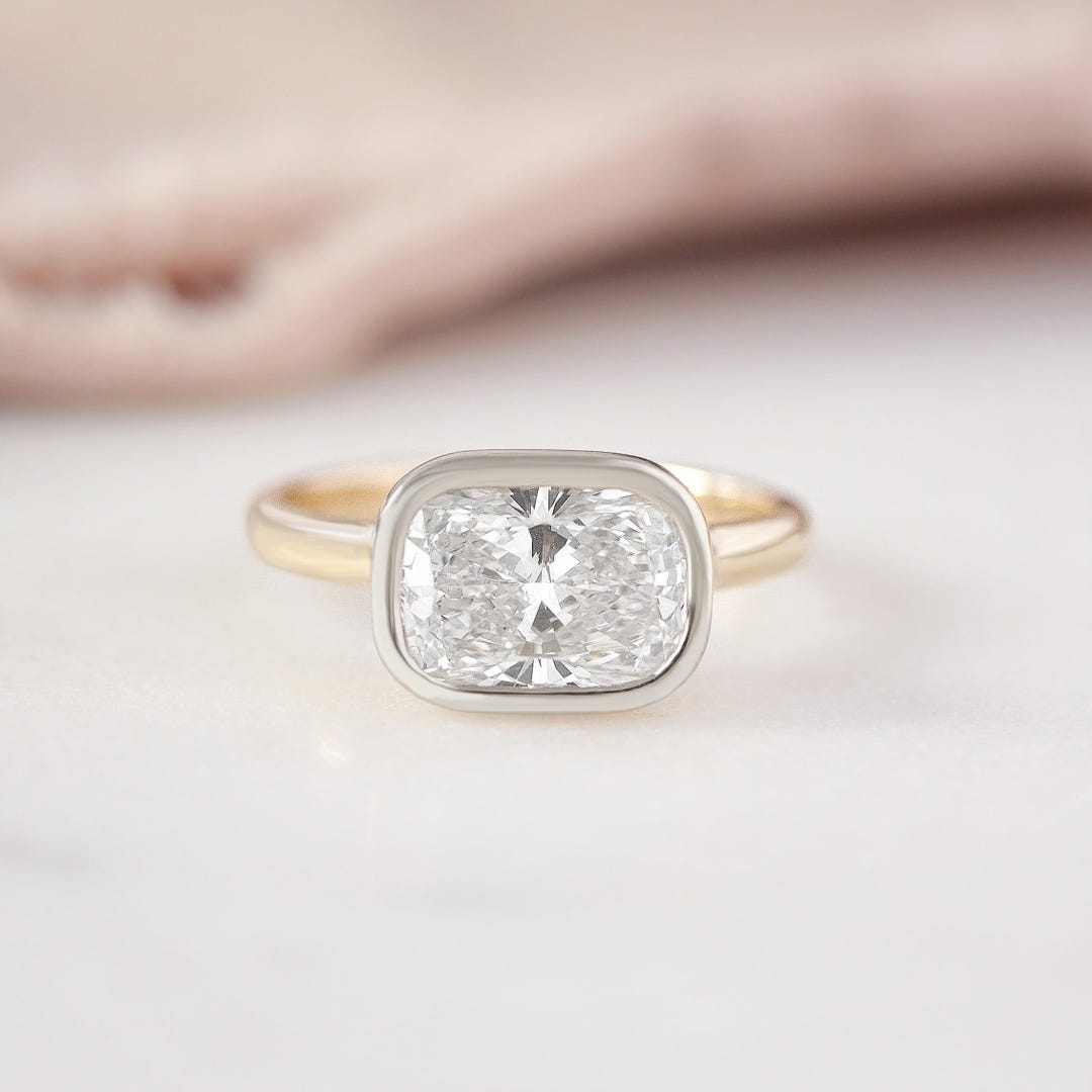 Two Tone East West Set Bezel Set Cushion Cut 2 Carat Diamond Solitaire ...
