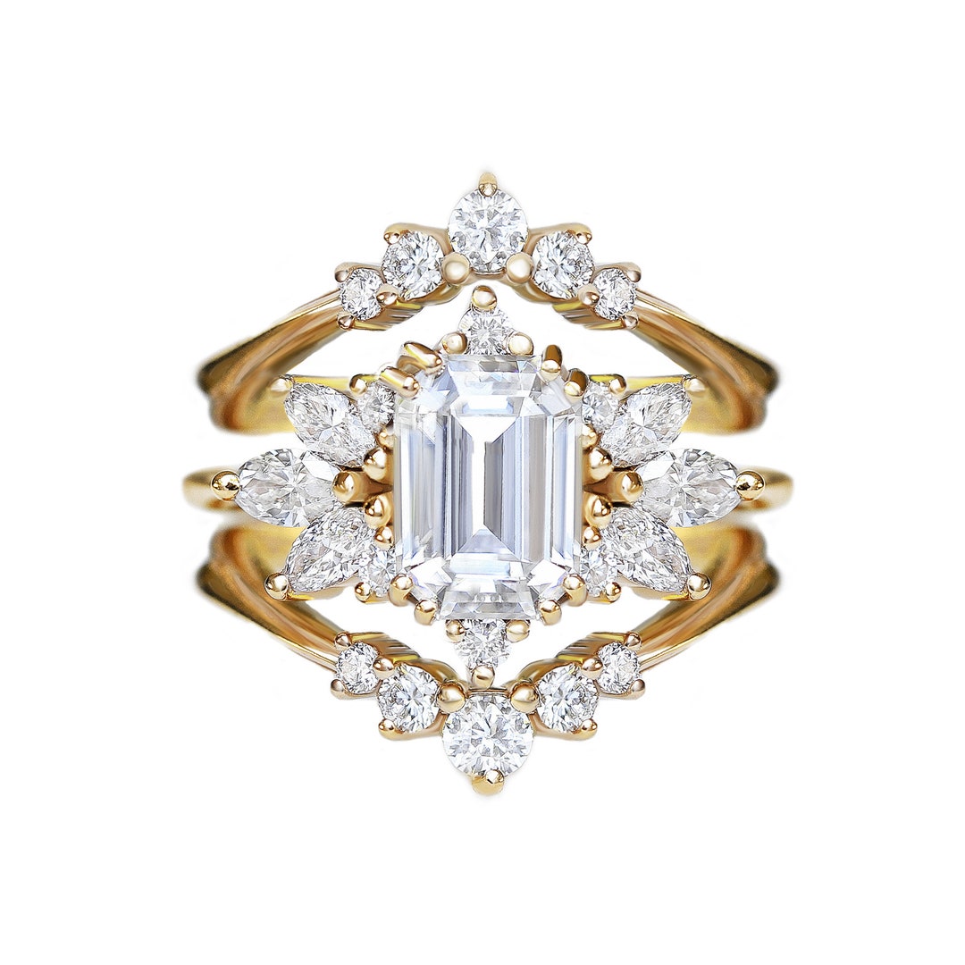 Emerald Cut Diamond Wedding Three Rings Set | Vintage Cluster Diamond ...