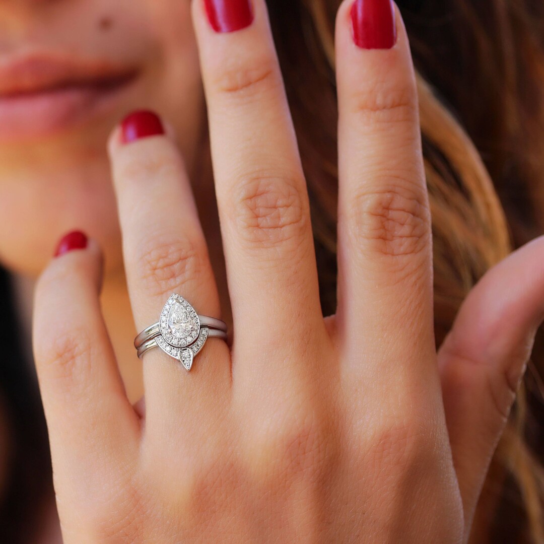 Unique Pear Real Diamond Halo Engagement Rings Set for Women Wedding ...
