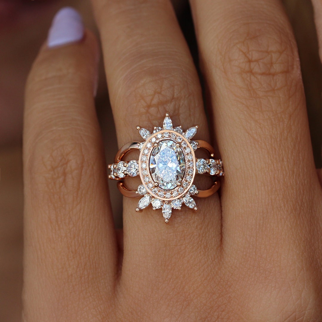 Oval Halo Diamond Bridal Rings Set, 14K Gold Ring, Natural & Lab ...