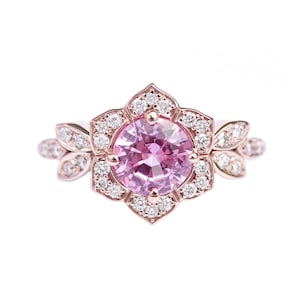 Natural 1.15ct Pink Sapphire & Diamond Unique Floral Engagement Ring ...