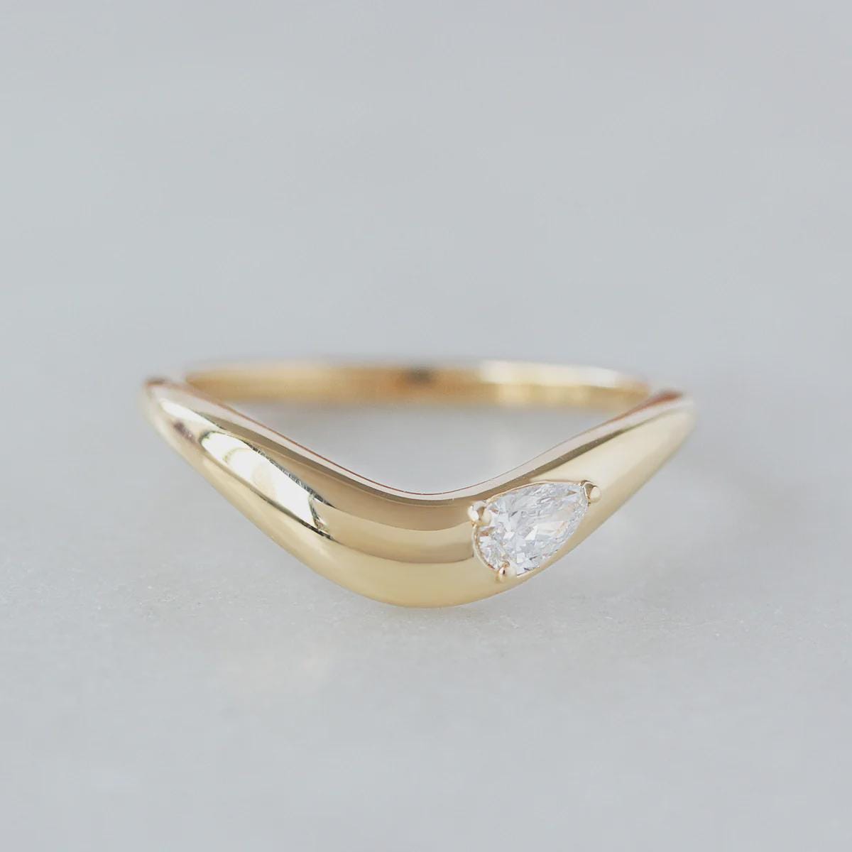 14k Gold Curved Wedding Band: Pear Diamond Nesting Ring - Etsy