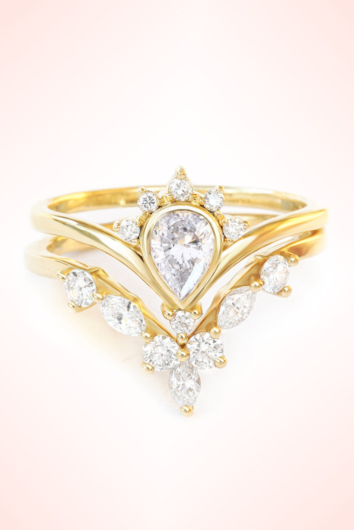 Pear Diamond Wedding Ring Set Natural Diamonds Bridal Rings - Etsy