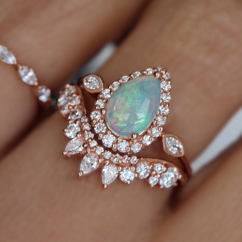 Pear Opal Diamonds Halo Engagement Ring Set, Beautiful Matching Bridal ...
