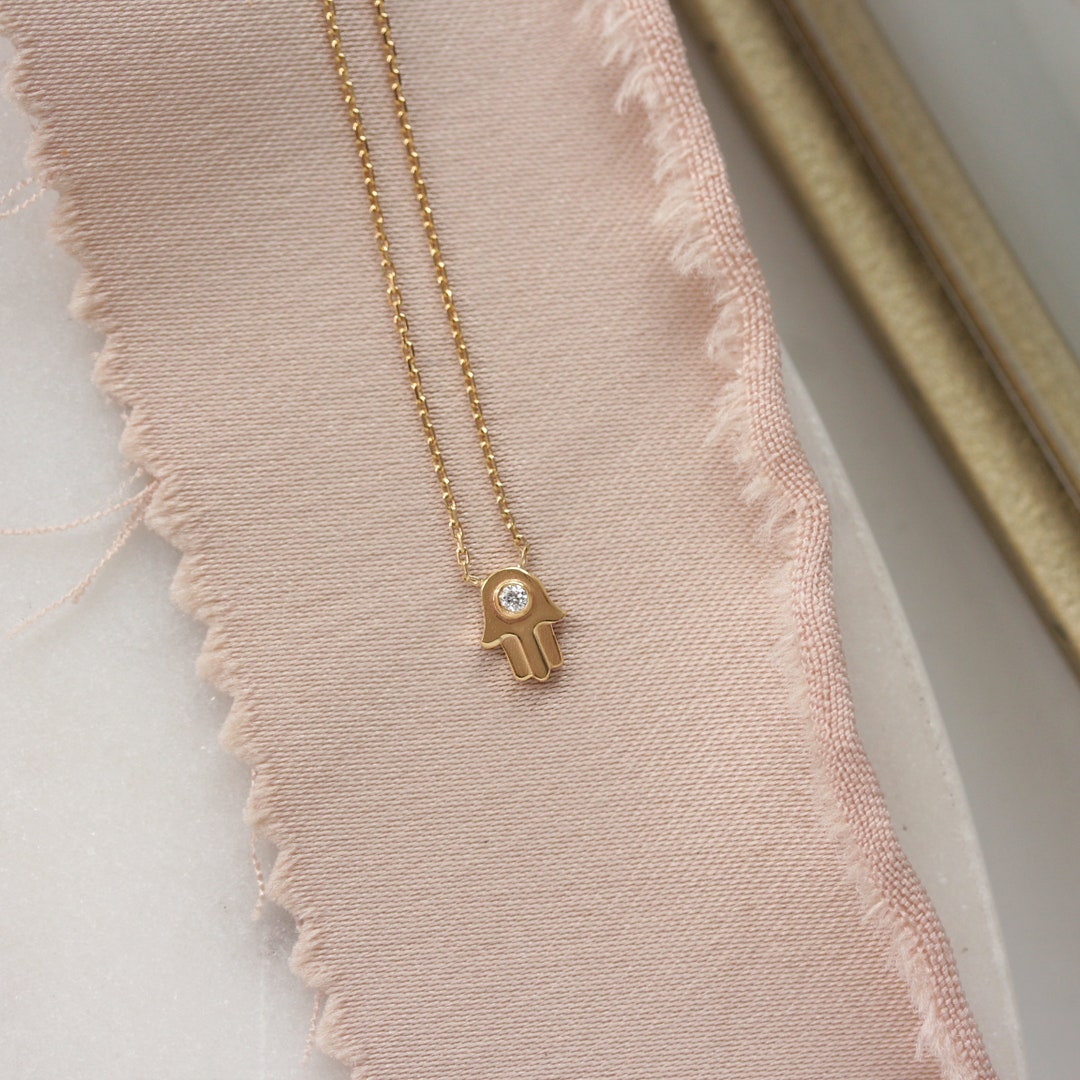 14K Gold Hamsa Hand Diamond Pendant Charm, Spiritual, Protection Dainty ...