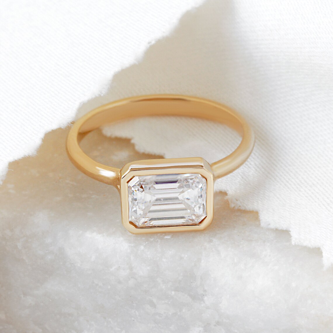 East West Bezel Emerald Cut Diamond Solitaire Engagement Ring - Etsy