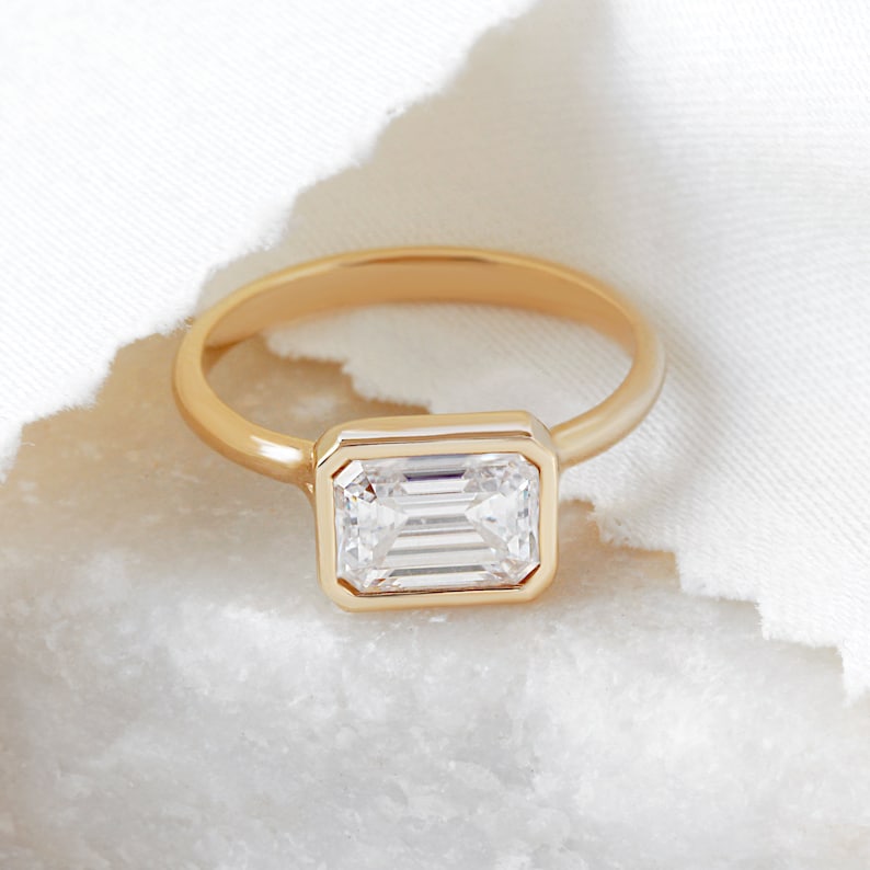 East West Bezel Emerald Cut Diamond Solitaire Engagement Ring - Etsy East West Bezel Emerald Cut Diamond Solitaire Engagement Ring - Etsy