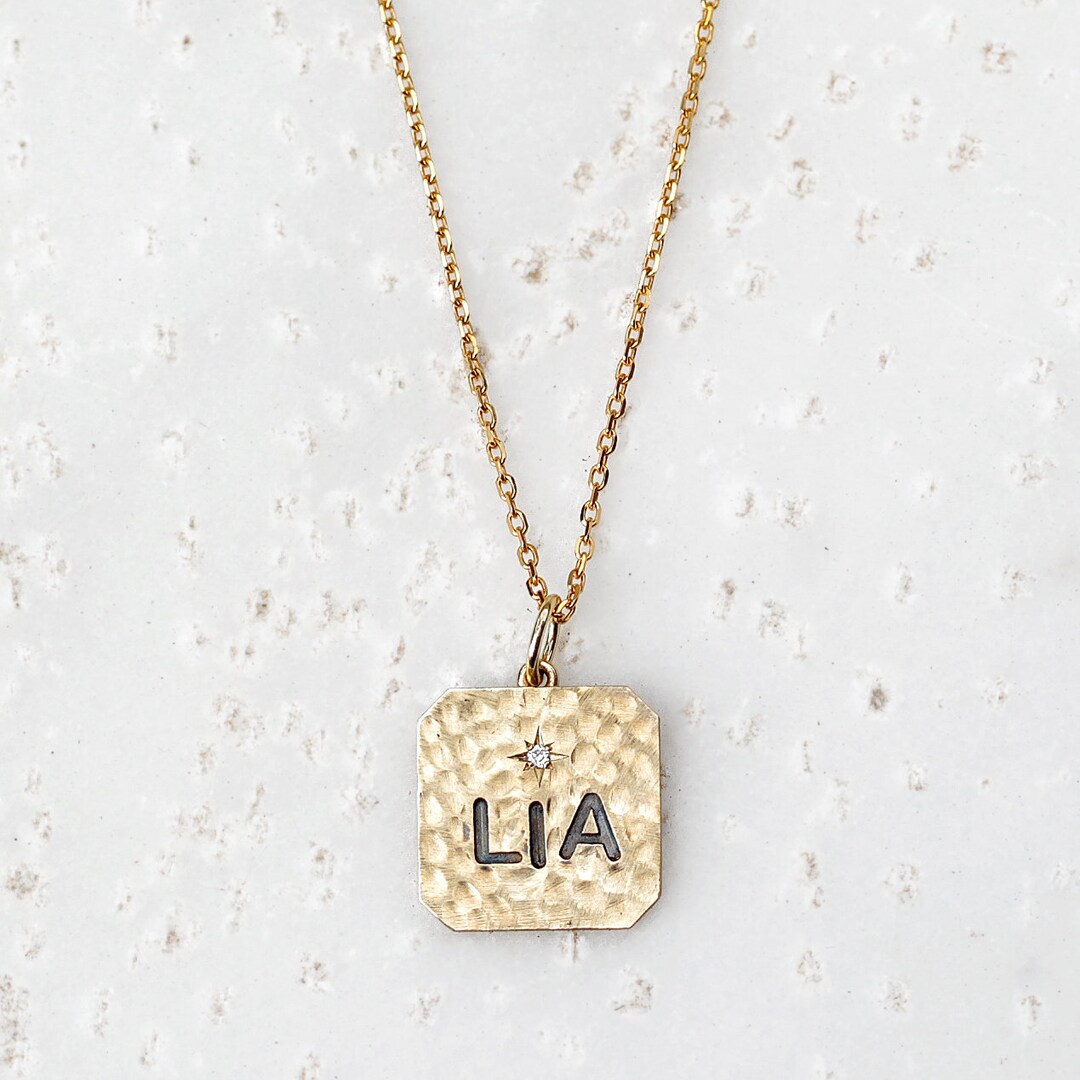 Nameplate 14K Solid Gold Personalized 15mm Hammered Texture Matte ...