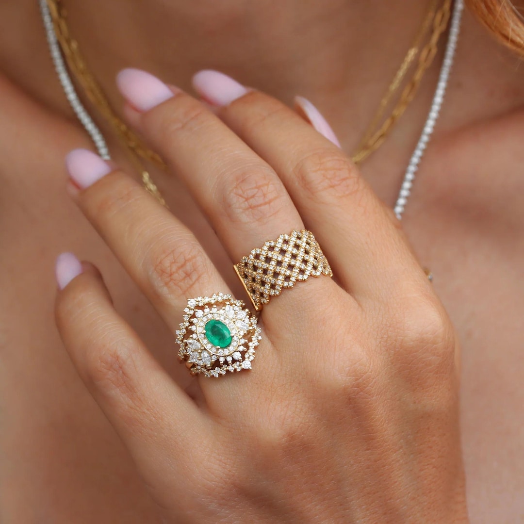 Emerald Diamond Double Halo Engagement Ring, Green Halo Wedding Ring ...