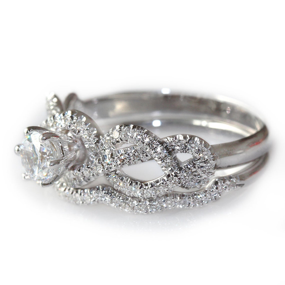 Infinity Knot Diamond Engagement Ring With Diamond Band 14K | Etsy